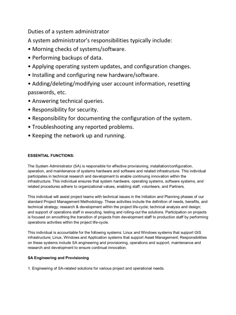 Duties of A System Administrator | PDF | Backup | System Administrator