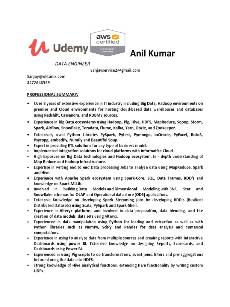 Anil Kumar: Data Engineer | PDF | Apache Spark | Microsoft Sql Server