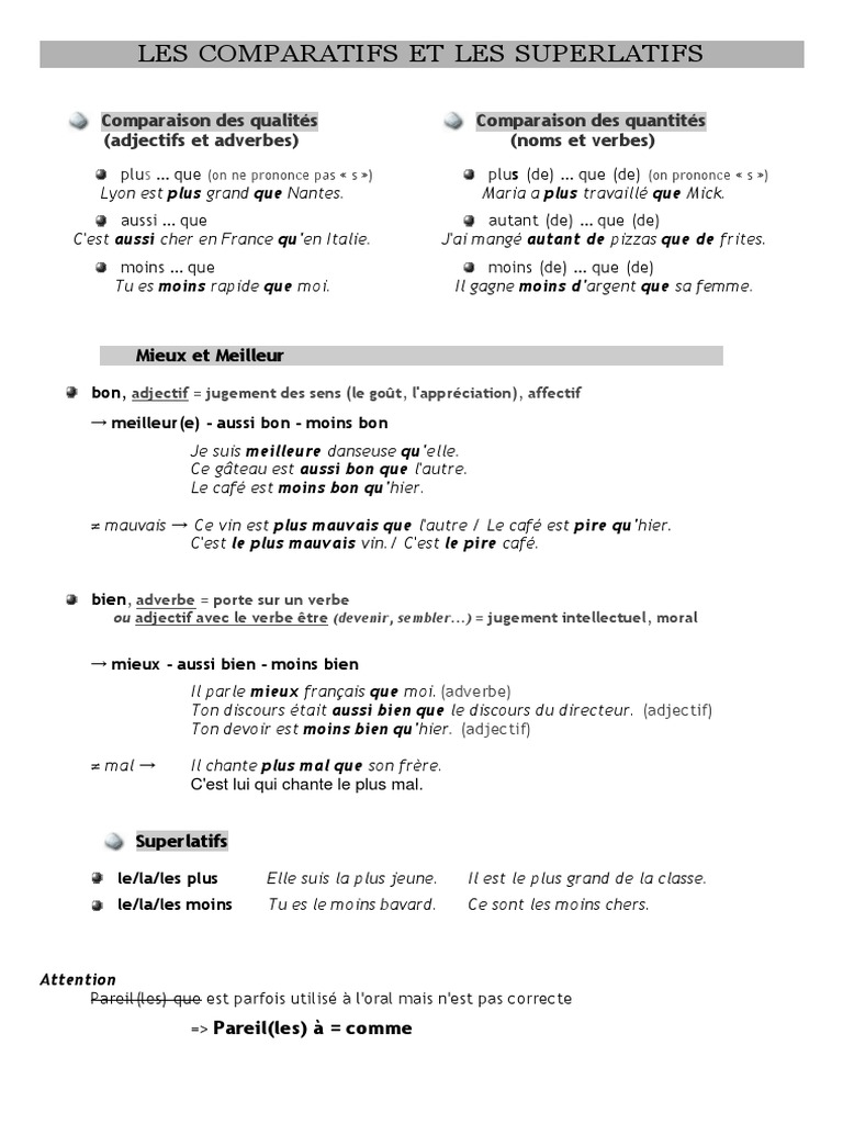 Comparatif et superlatif en français | PDF | Adverbe | Nourriture et ...
