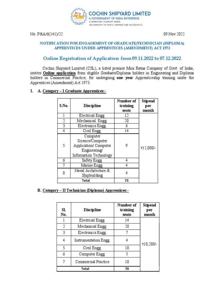 Cochin Shipyard Apprenticeship Notification | PDF | Apprenticeship | Justice