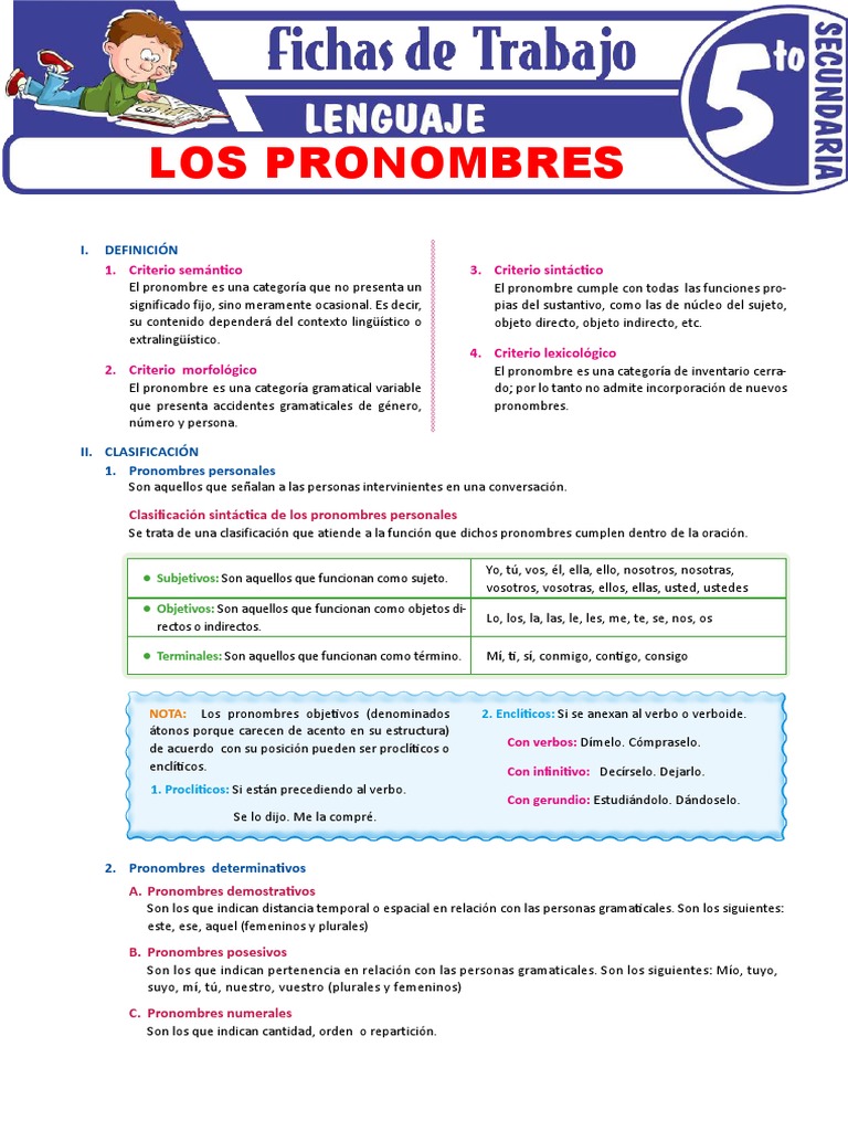 Los Pronombres para Quinto Grado de Secundaria | PDF | Pronombre | Adjetivo