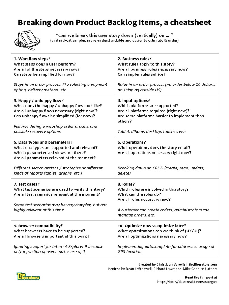 Cheatsheet - 10 Strategies To Break Product Backlog Items | PDF