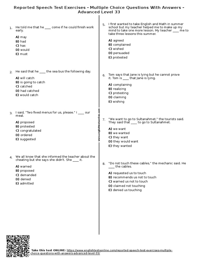532 - Reported Speech Test Exercises Multiple Choice Questions With ...