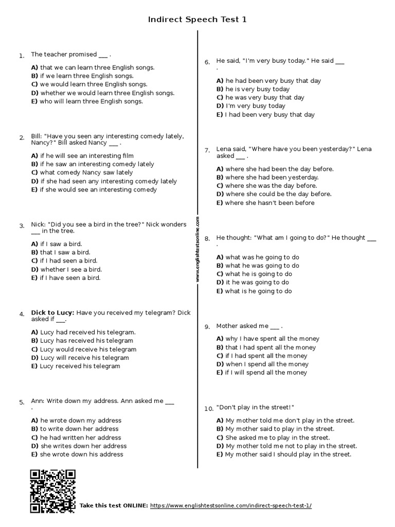 1422 - Indirect Speech Test 1 | PDF