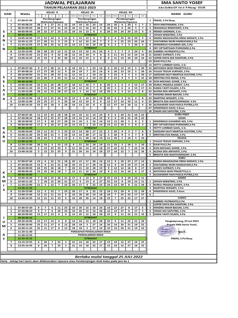 SMA Santo Yosef Class Schedule 2022-2023 | PDF