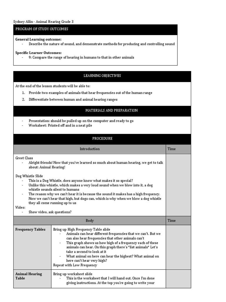 Animal Hearing Lesson Plan for Grade 3 | PDF | Learning | Worksheet