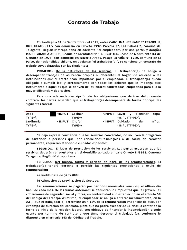 Contrato de Trabajo - Asesora Hogar (Part Time) | Descargar gratis PDF ...