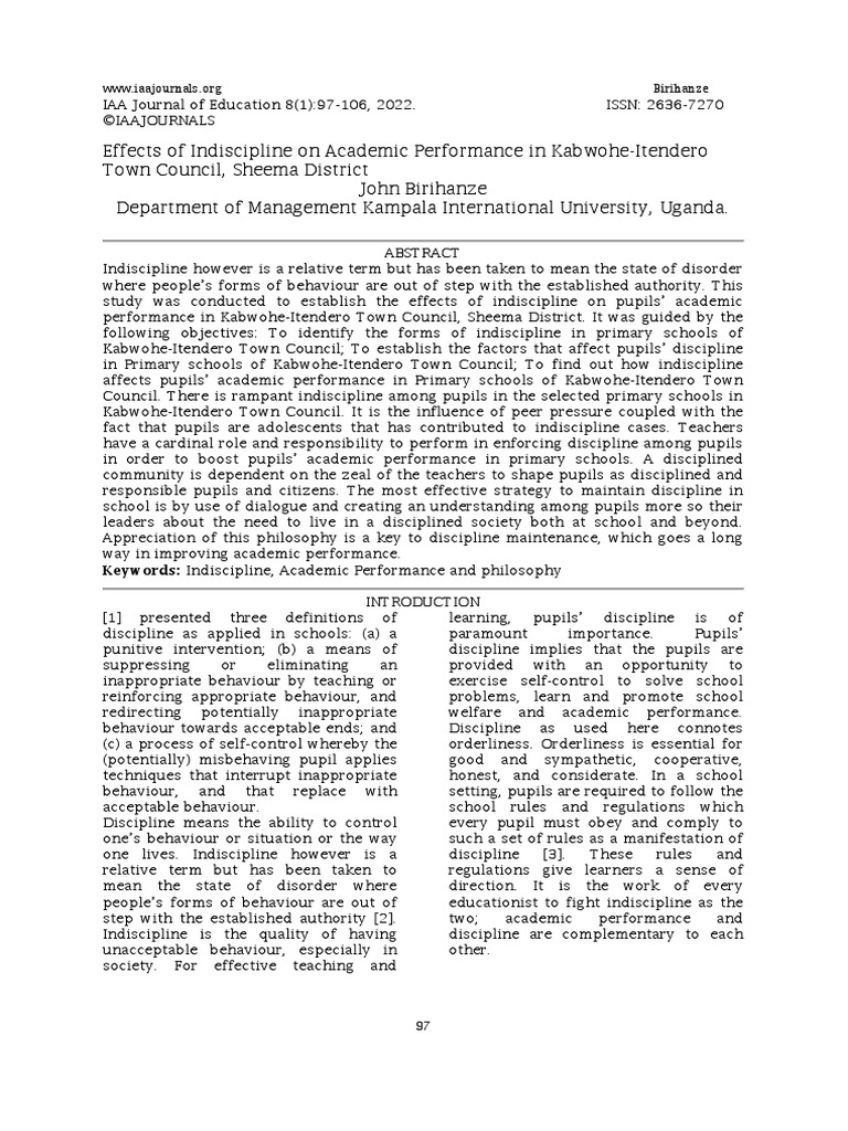 Effects of Indiscipline On Academic Performance in Kabwohe-Itendero ...