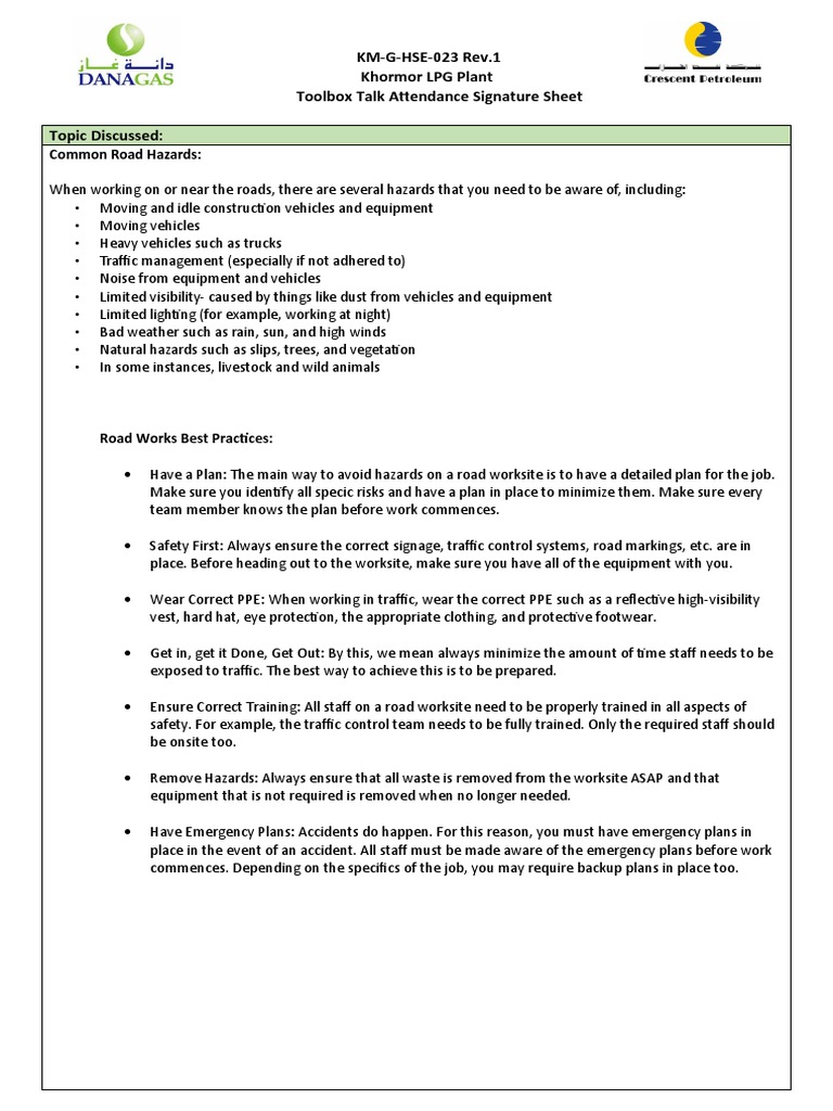 Road Safety Toolbox Talk | PDF