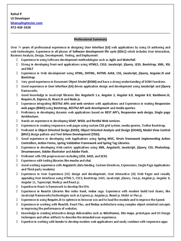 Rahul P UI Developer 972-430-1026 Professional Summary | PDF | Angular Js | Ajax (Programming)