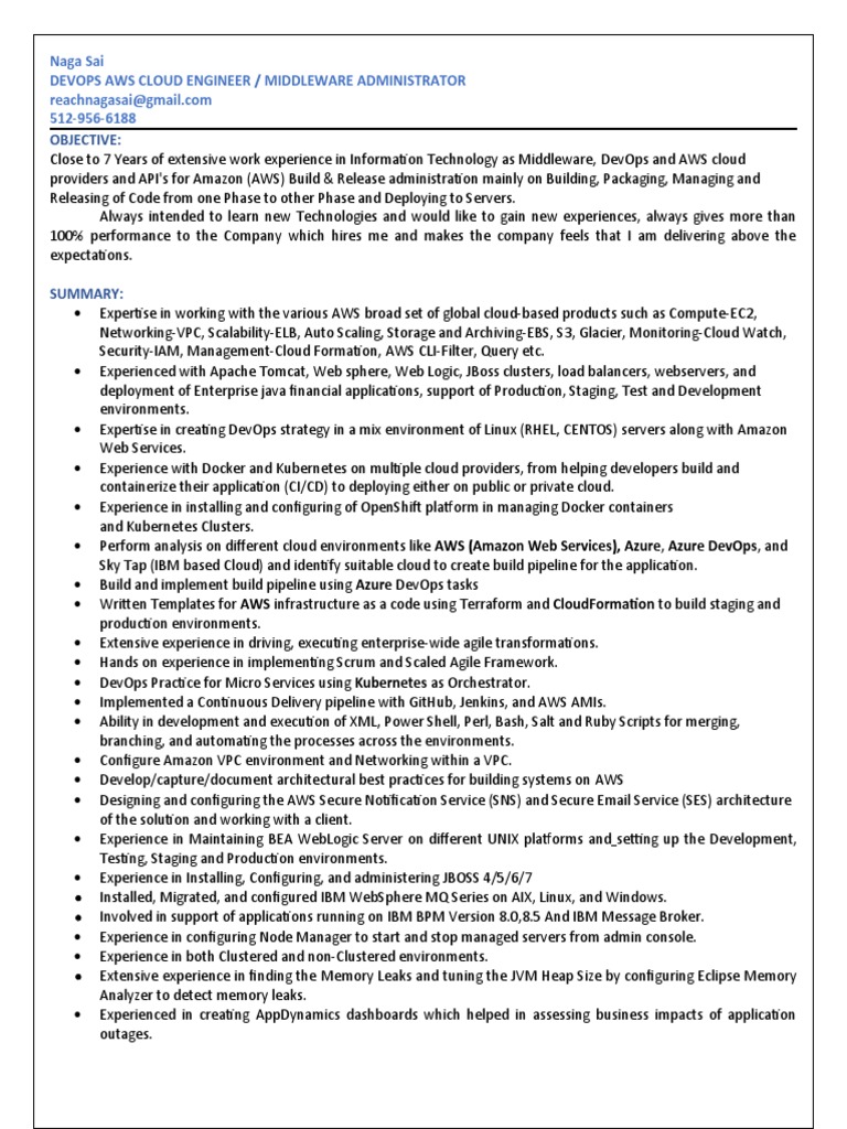Objective:: Naga Sai Devops Aws Cloud Engineer / Middleware Administrator 512-956-6188 ...