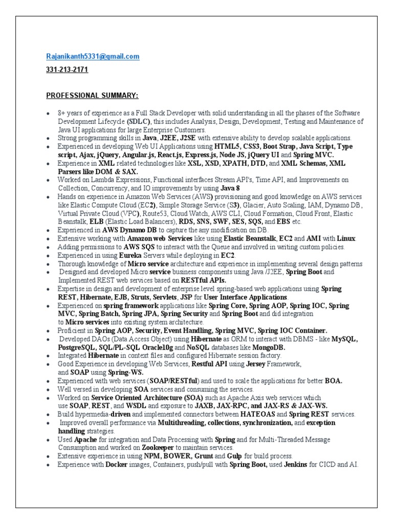 Full Stack Java Developer Resume | PDF | Spring Framework | Web Service