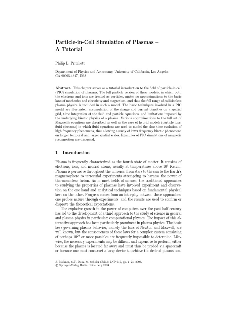 Particle In Cell Simulation Of Plasmas Tutorial Pdf Plasma Physics Physics