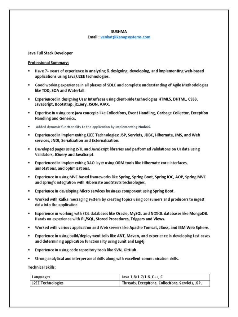 Sushma Email: Java Full Stack Developer Professional Summary: Applications Using Java/J2EE ...