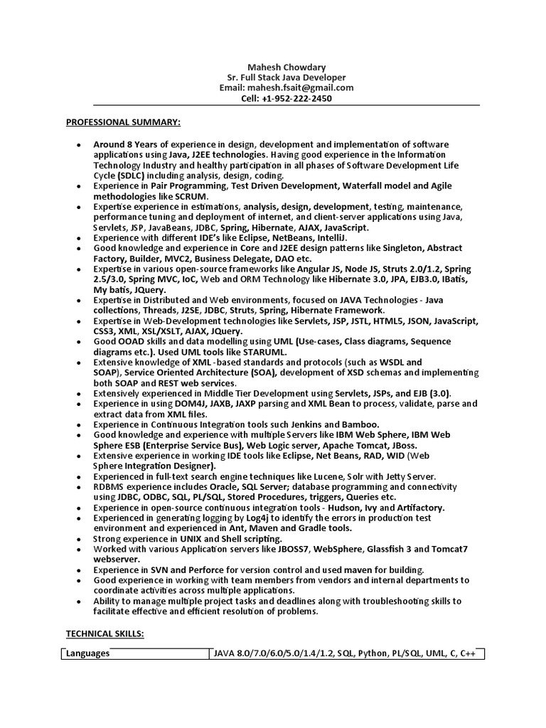 Mahesh Chowdary Sr. Full Stack Java Developer | Download Free PDF | Spring Framework | Angular Js