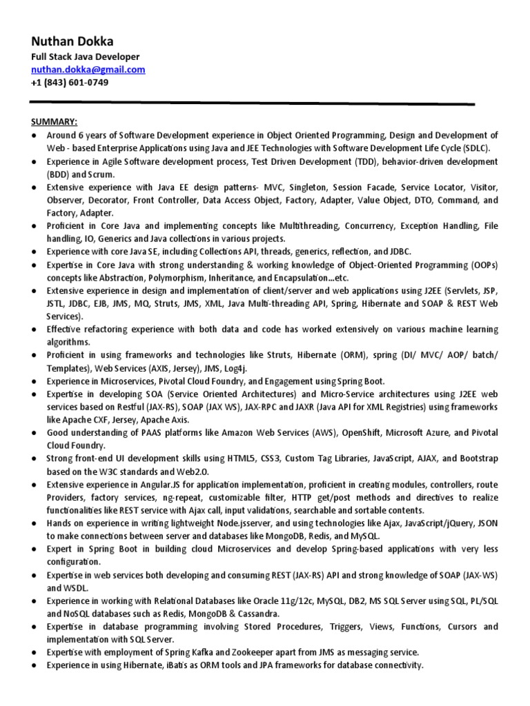 Nuthan Dokka: Full Stack Java Developer +1 (843) 601-0749 | PDF | Spring Framework | Web Service