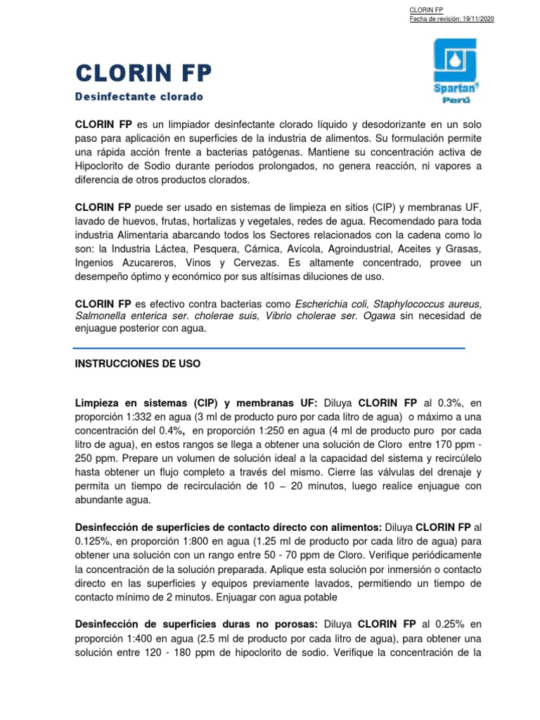 Clorin FP - Ficha Técnica | PDF | Agua | Concentración