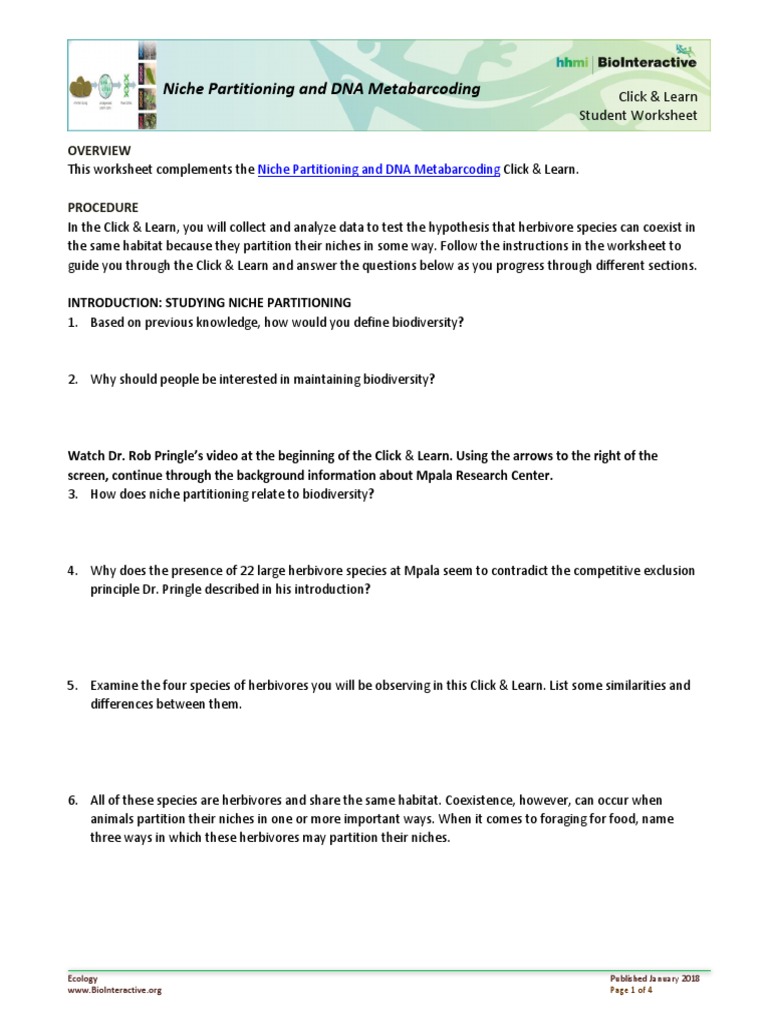 Ecology Student Worksheet | PDF | Ecological Niche | Herbivore
