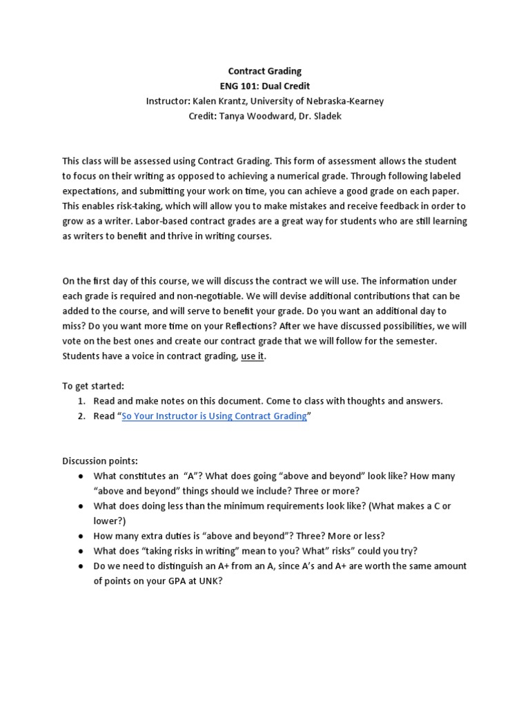 Contract Grading Handout Eng 101 3 | PDF | Lesson Plan | Learning