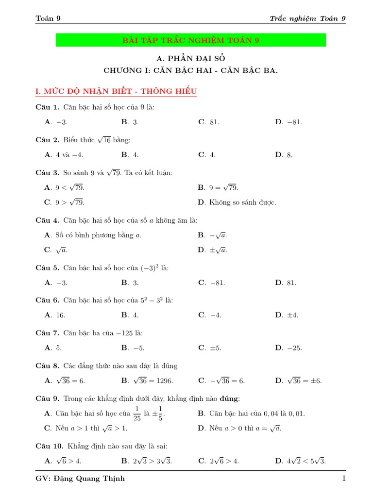 135 Bai Tap Trac Nghiem Can Bac Hai Va Can Bac Ba Dang Quang Thinh | PDF