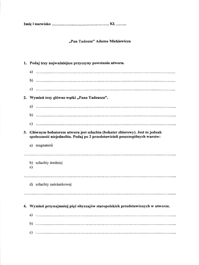 kl.8 Karta Pracy Pan Tadeusz | PDF