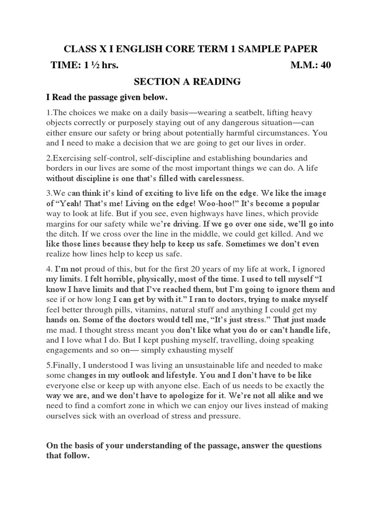 Class Xi Sample Paper | PDF | Grit (Personality Trait) | Disciplines