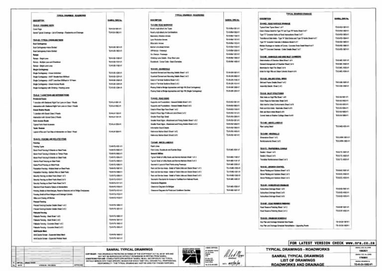 A TD R Di 1002 Sanral Typical Drawings List of Drawings Roadworks and Drainage | PDF
