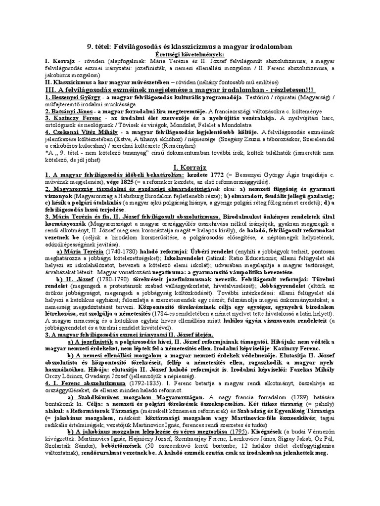 Tétel - Magyar Felvilágosodás | PDF