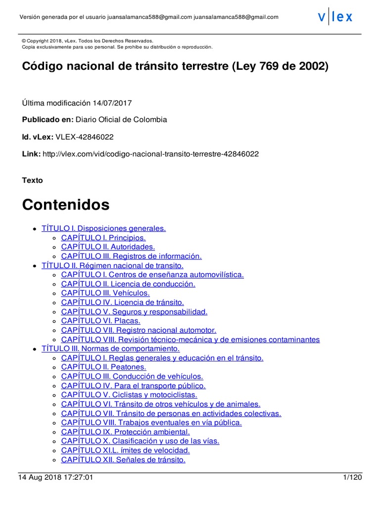 NUEVO CODIGO DE TRANSITO 2018 Ley 769 de 2002 | PDF | Peatonal | Transporte