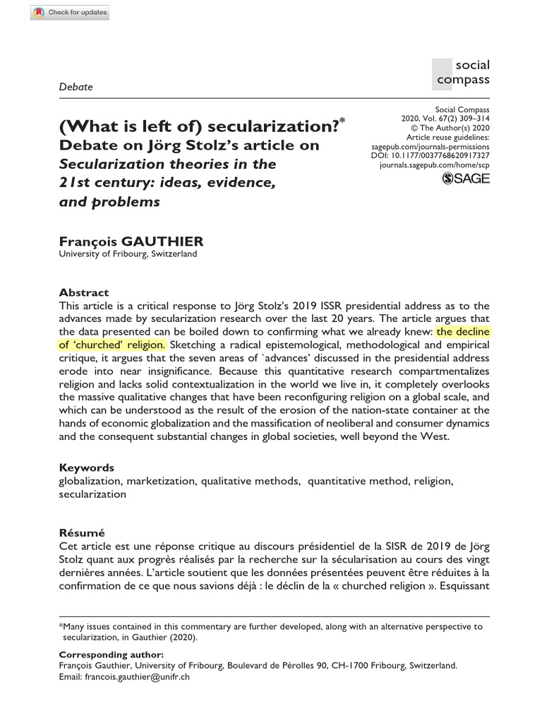 (What Is Left Of) Secularization - Gauthier | PDF | Sociology ...