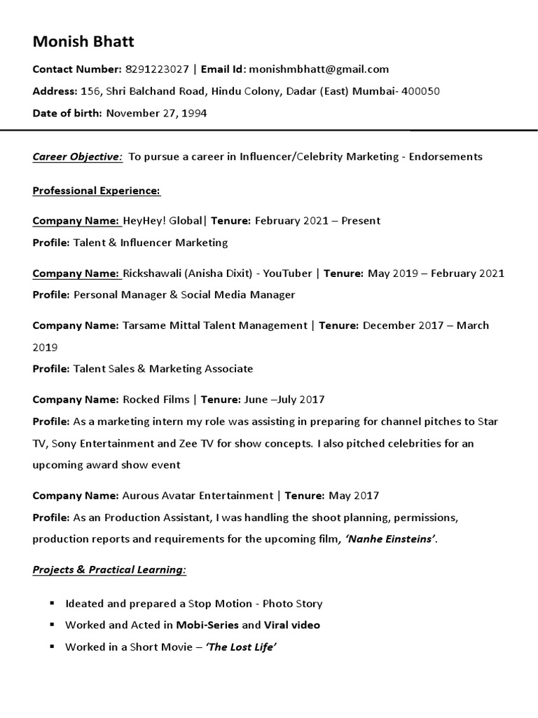 Monish Bhatt - Resume | PDF | Mass Media | Communication
