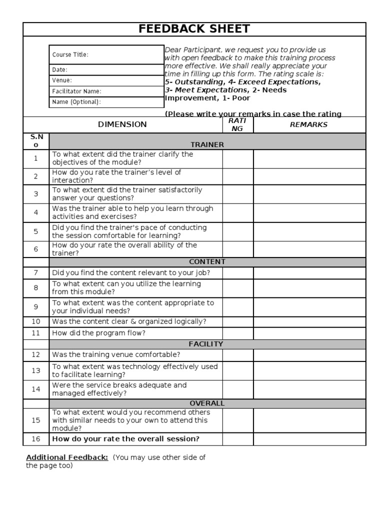 Training Session Feedback Form | PDF