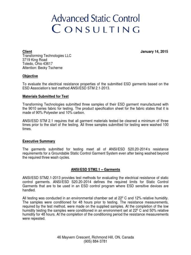 ESD Garment Testing Results Summary | PDF | Technology & Engineering
