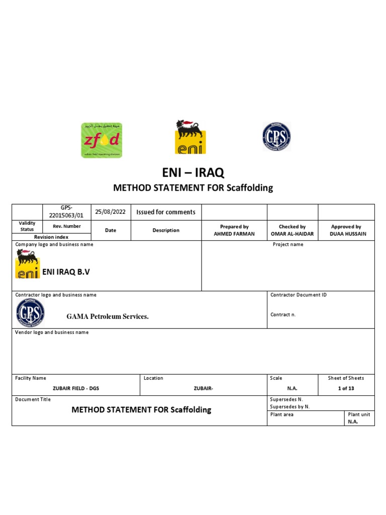 Scaffolding Method Statement for ENI Iraq | PDF