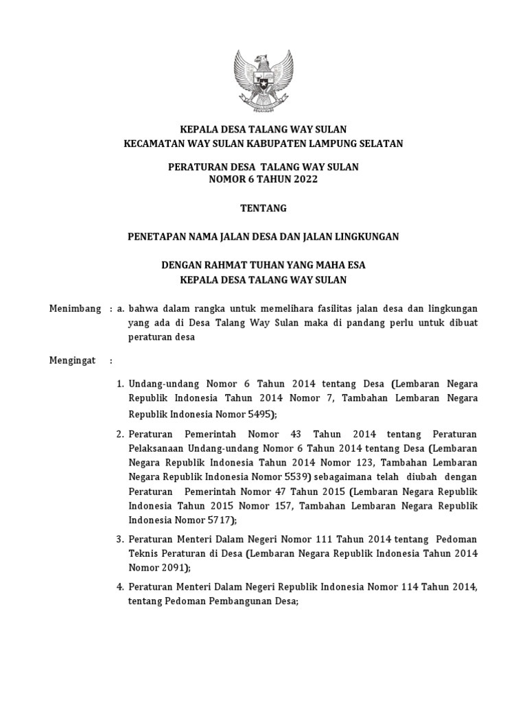 Peraturan Nama Jalan Desa Talang Way Sulan | PDF