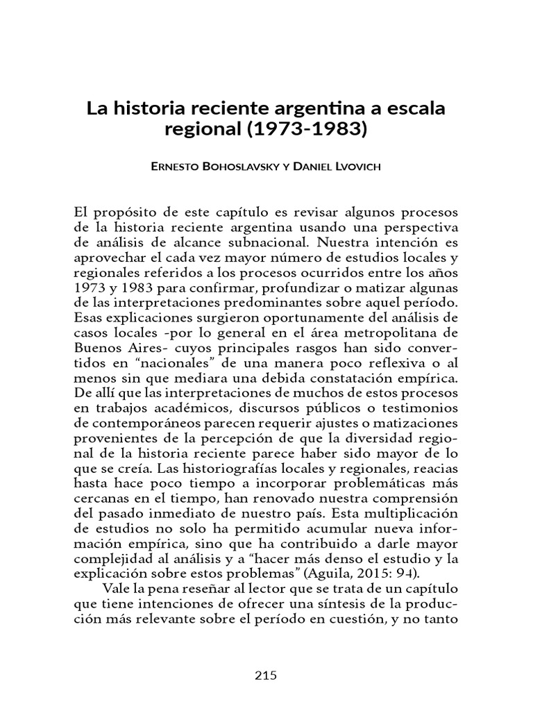 Bohoslavsky y Lvovich Historia Reciente Argentina A Escala Regional ...