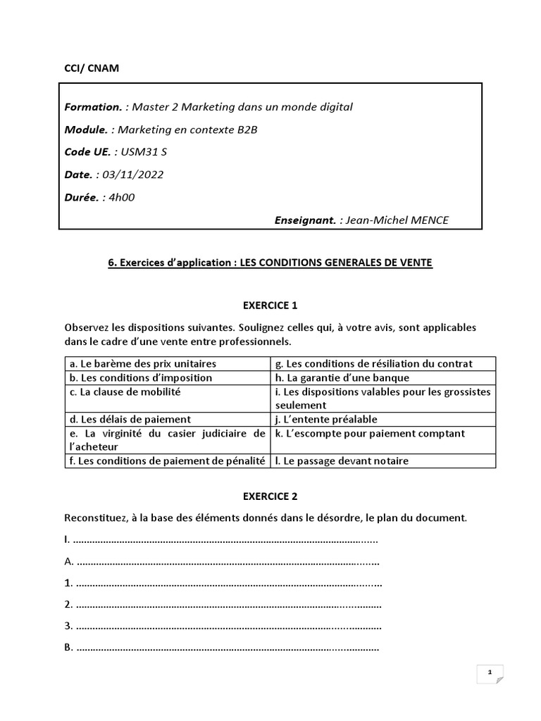 Exercices Dapplication Du 03.11.2022 Sur Les Conditions Générales de Vente (CGV) . | PDF ...