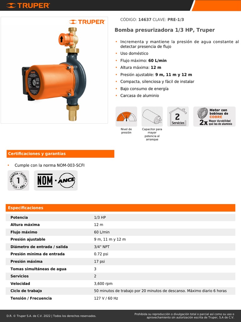 Bomba Presurizadora 1/3 HP, Truper: CÓDIGO: 14637 CLAVE: PRE-1/3 | PDF ...