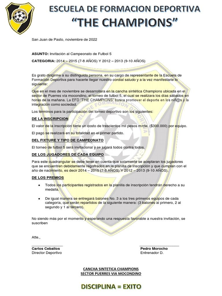 CARTA INVITACION Torneo 22 | PDF