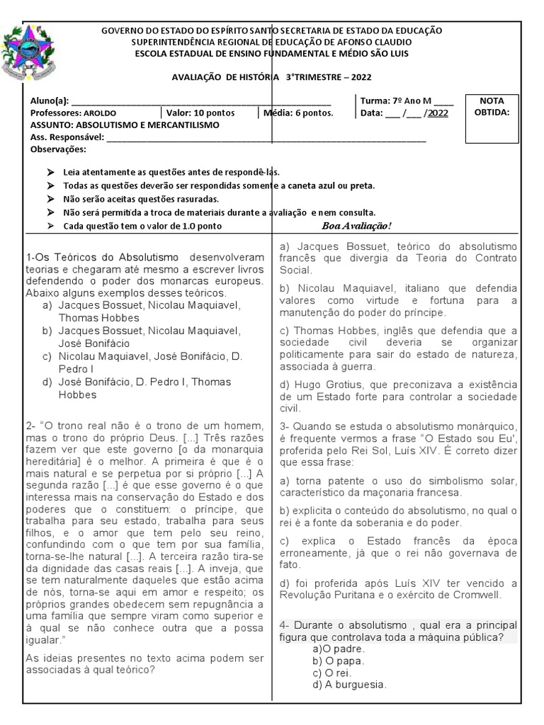 Absolutismo Prova 7° Ano | Download grátis PDF | Mercantilismo | Estado