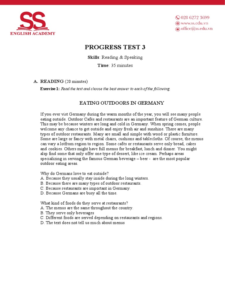 Progress Test 3 Skills Reading & Speaking | PDF | Aurora | Food And ...