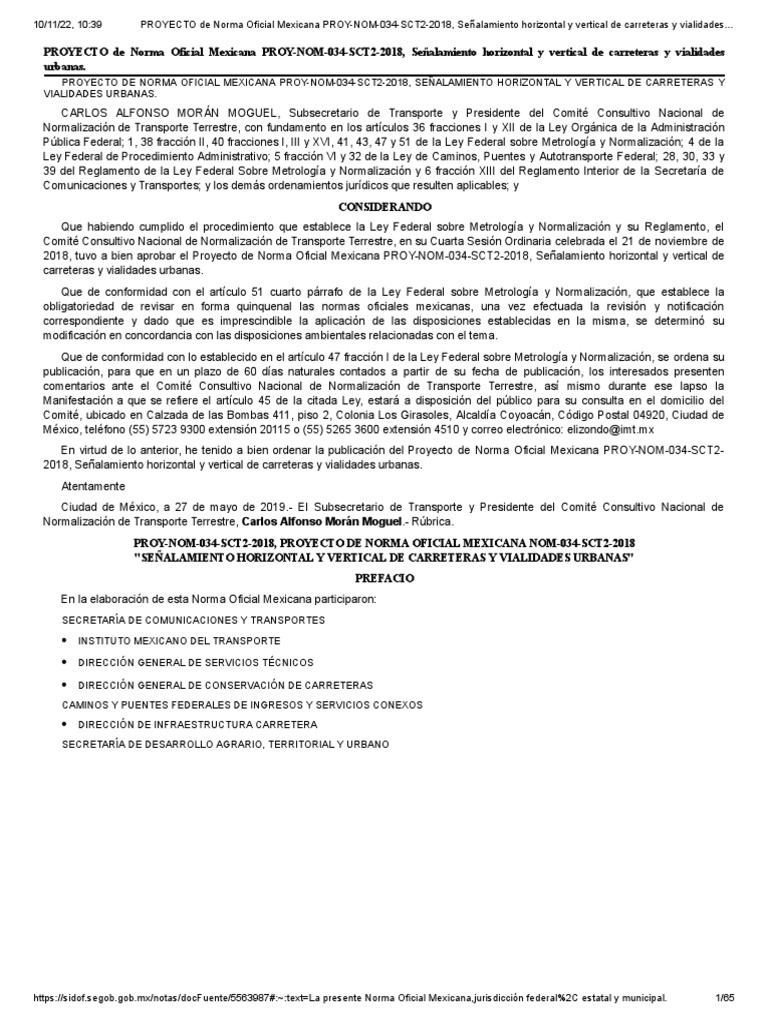PROYECTO de Norma Oficial Mexicana PROY-NOM-034-SCT2-2018, Señalamiento ...