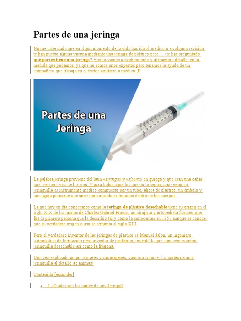 Partes de Una Jeringa | Descargar gratis PDF | Inyección (medicina ...