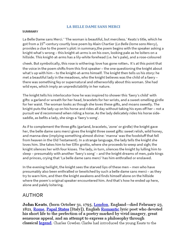 Keats' Poem 'La Belle Dame Sans Merci' Explained | PDF | John Keats ...
