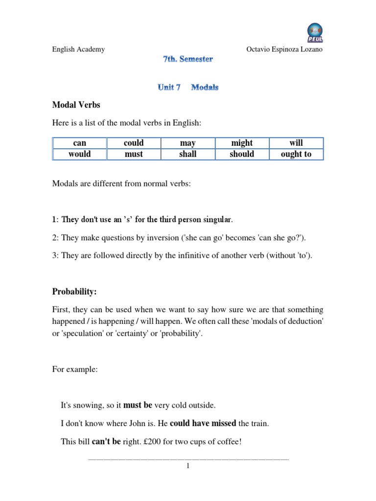 Unit 7 Modals - Seventh Semester 2022 A | PDF | Verb | Semantic Units