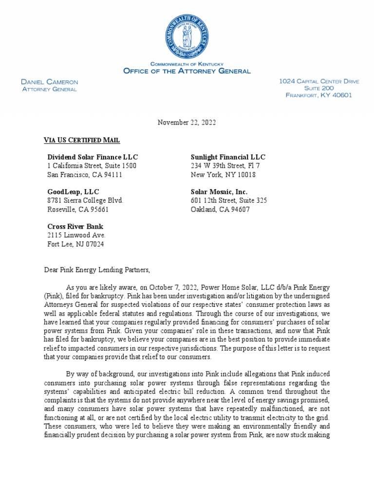 Multistate Letter To Solar Lenders | PDF | Loans | Credit