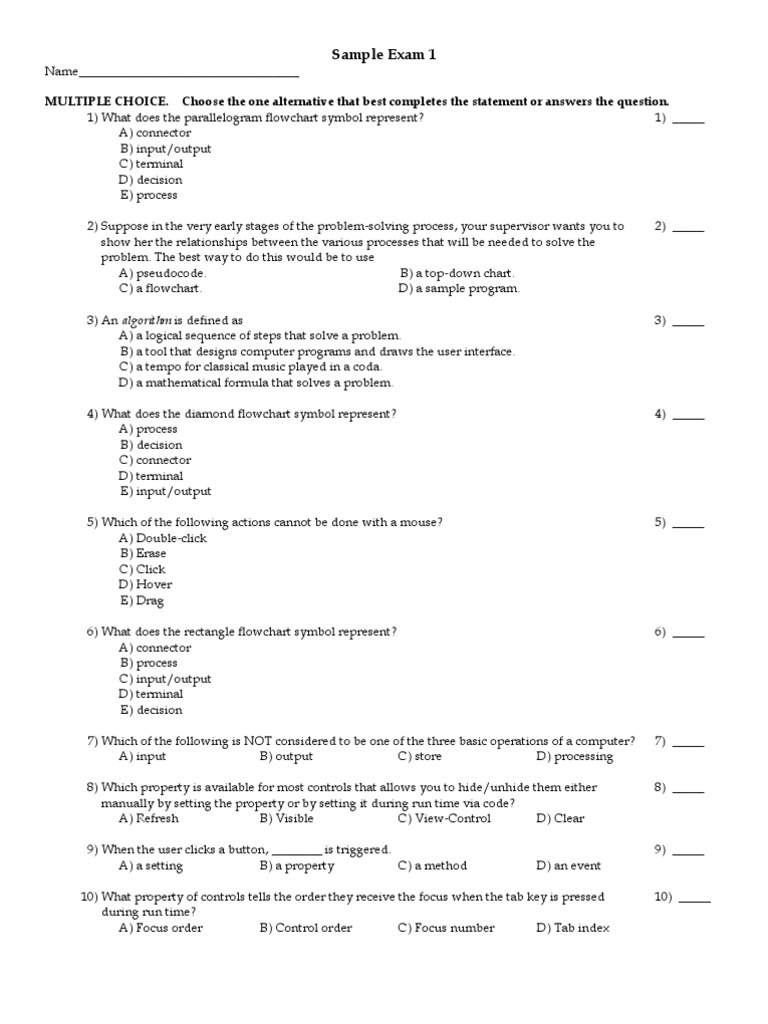 Sample Exam 1: MULTIPLE CHOICE. Choose the one alternative that best ...
