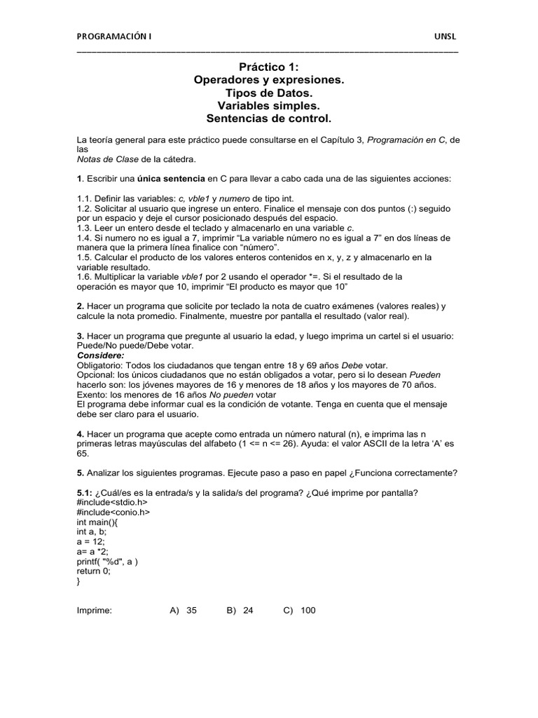 Práctico 1 | PDF | Variable (informática) | Programa de computadora