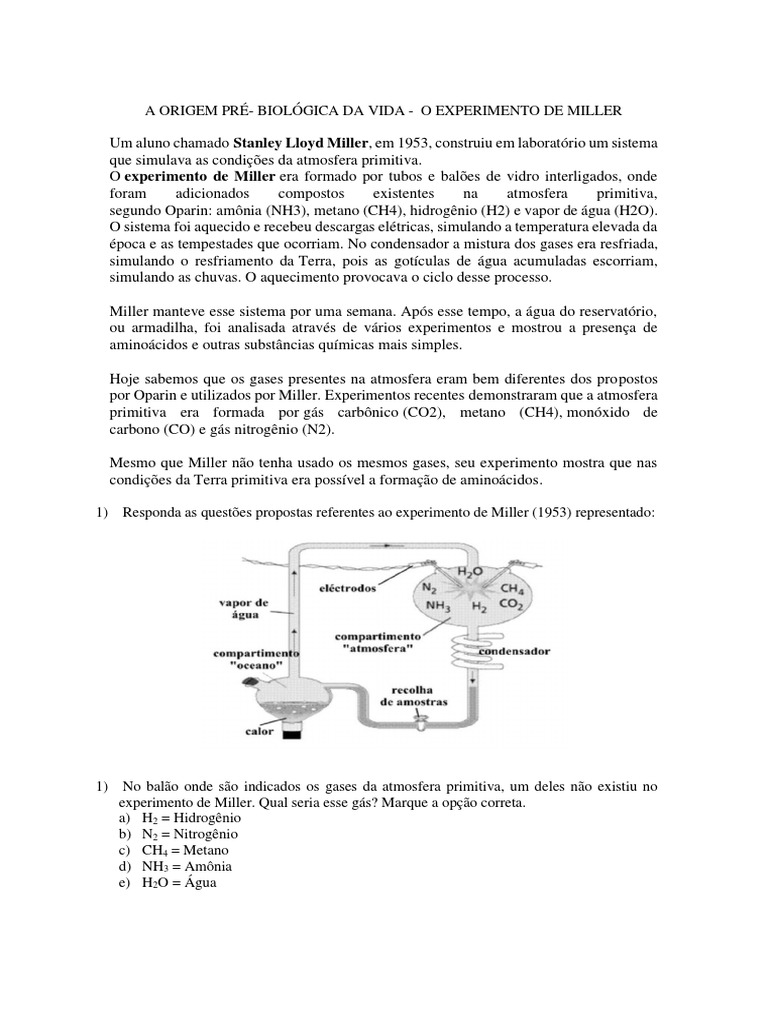 Experimento de Miller e a Origem da Vida | PDF | Metano | Dióxido de ...