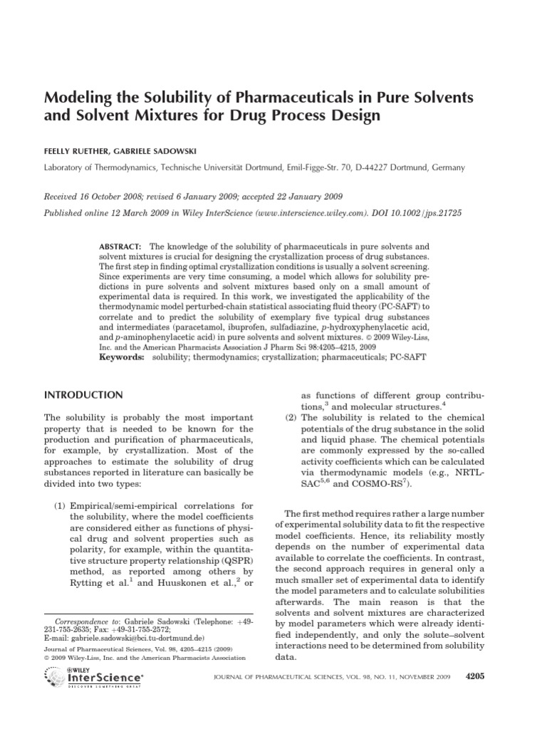 Modeling Solubility of Pharmaceuticals in Solvents | PDF | Solubility ...